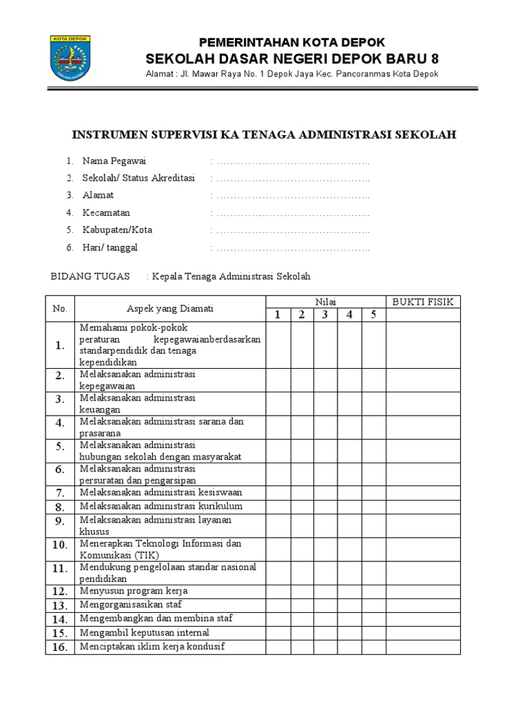 Instrumen Supervisi Tenaga Kependidikan | PDF
