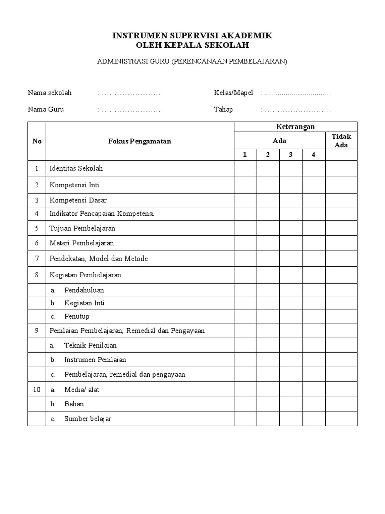 Instrumen Supervisi Akademik Penyusunan RPP | PDF