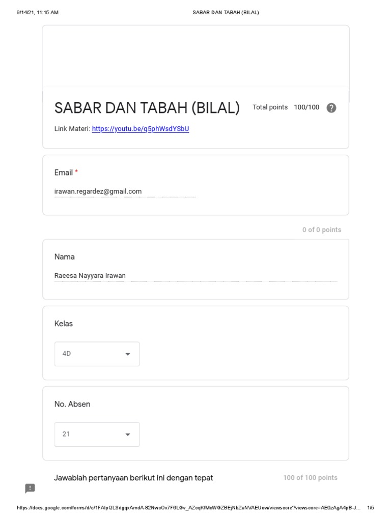 Jawaban Sabar Dan Tabah (Bilal) | PDF
