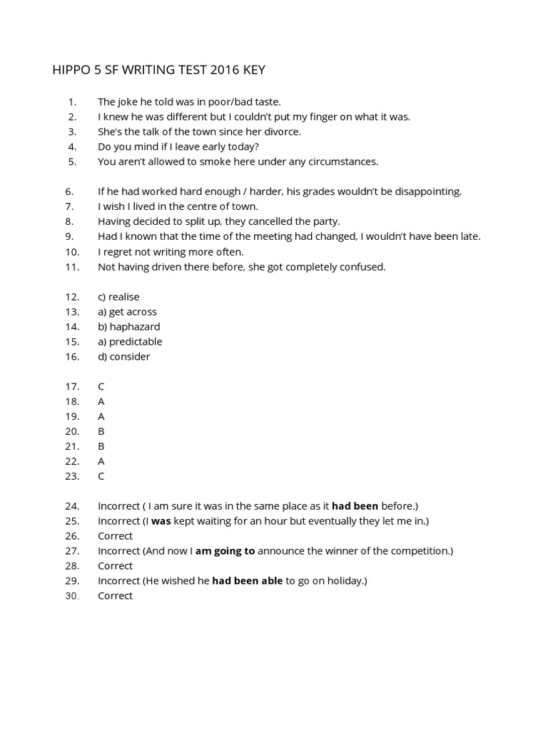 HIPPO 5 SF Writing Test 2016 Answers | PDF