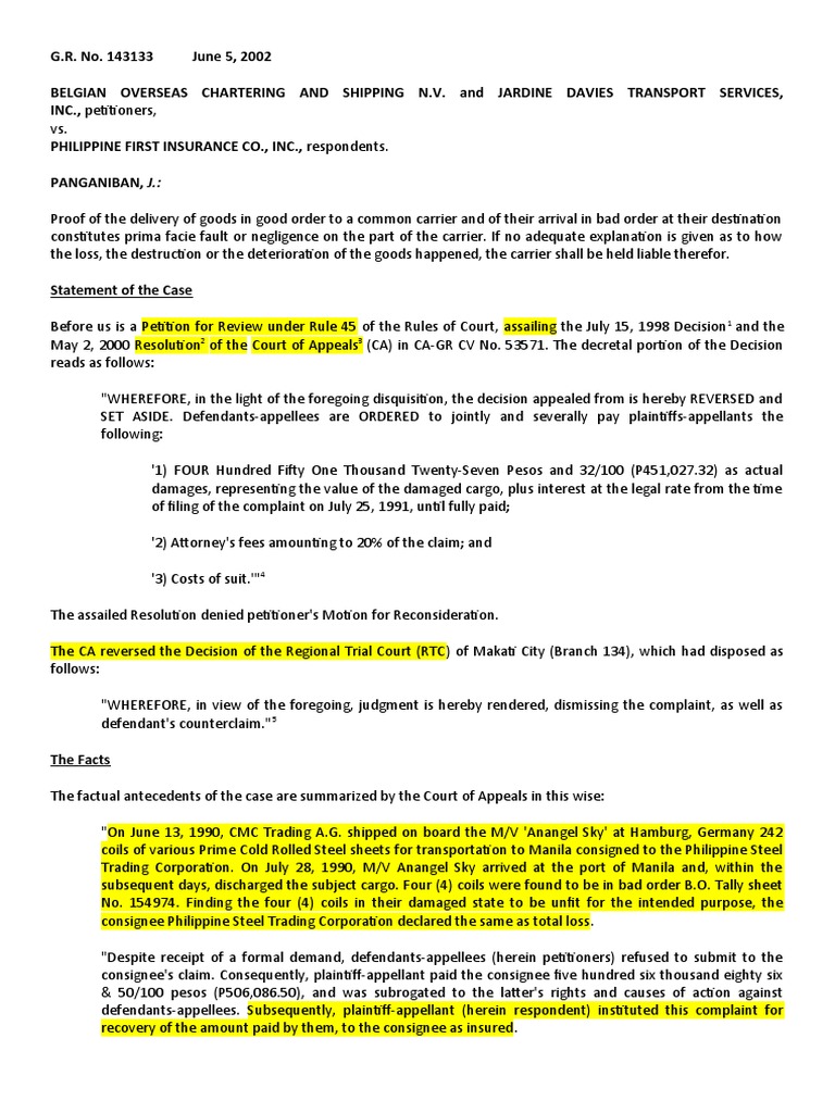 G.R. No. 143133 Belgian V Phil First | PDF | Bill Of Lading | Letter Of ...