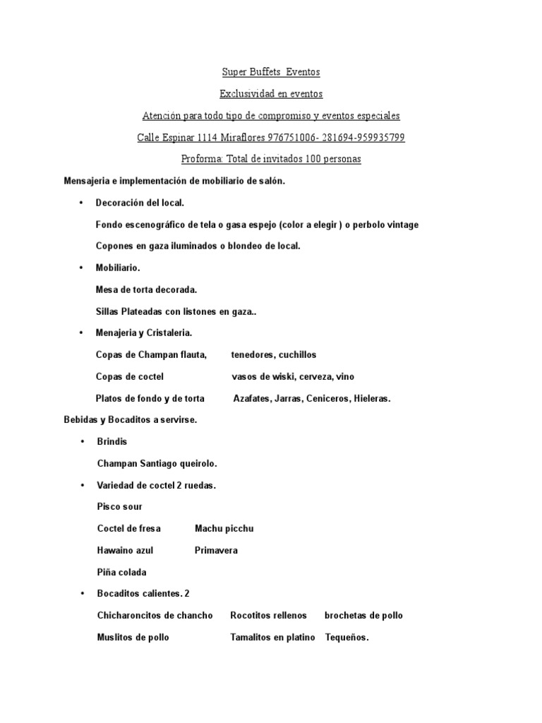 Super Buffets Eventos Proforma | PDF | Preparación de comida y bebida | Cocinando