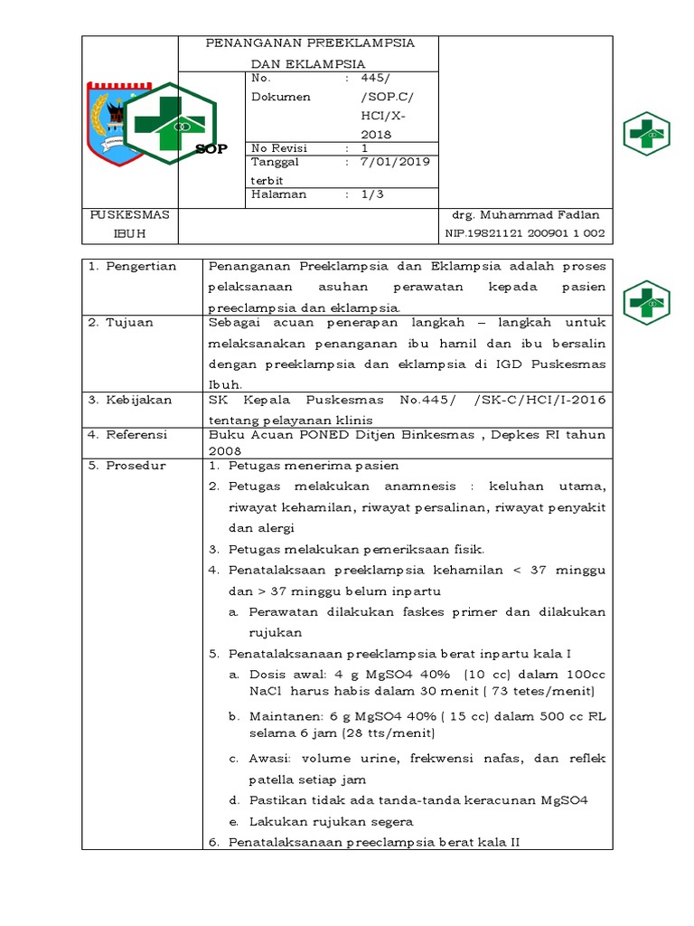 SOP Penangan Preeklamsi Dan Eklampsia | PDF