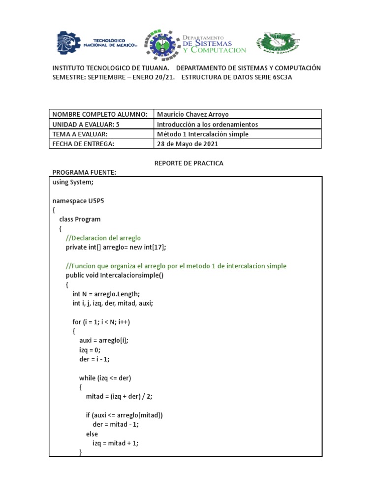 Intercalación Simple en C#: Práctica U5P5 | PDF | Gestión de tecnología ...