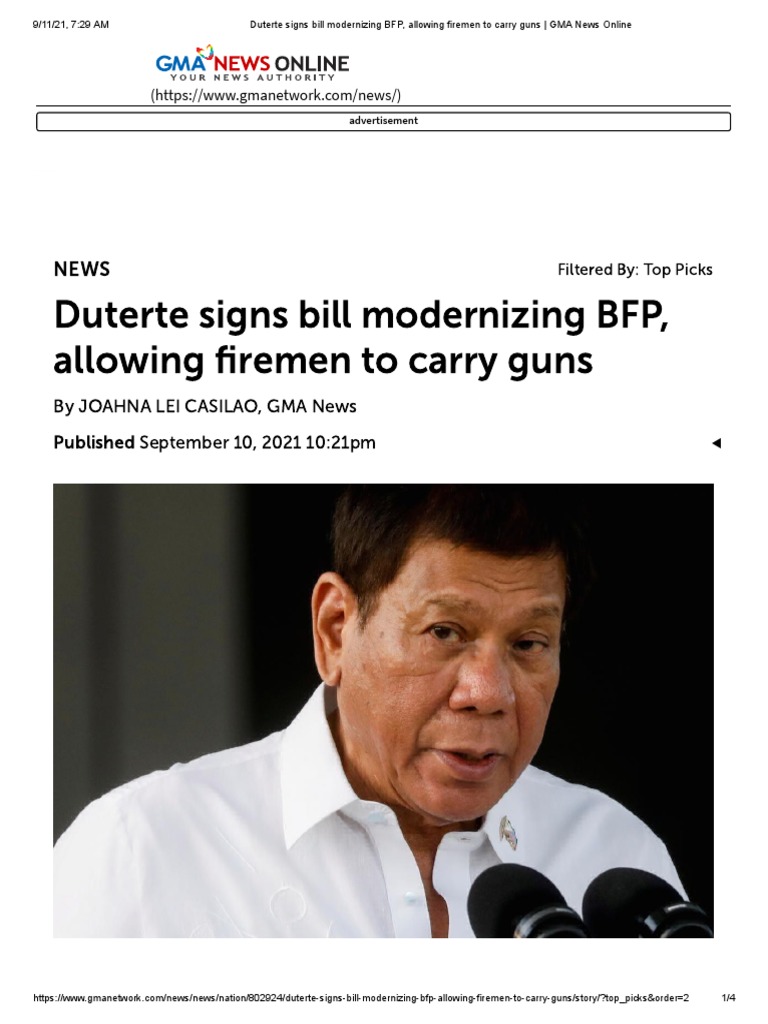 Duterte Signs Bill Modernizing BFP, Allowing Firemen To Carry Guns ...