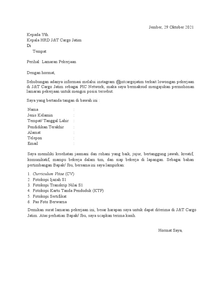 Surat Lamaran J&T Cargo Jatim - Pic Network | PDF