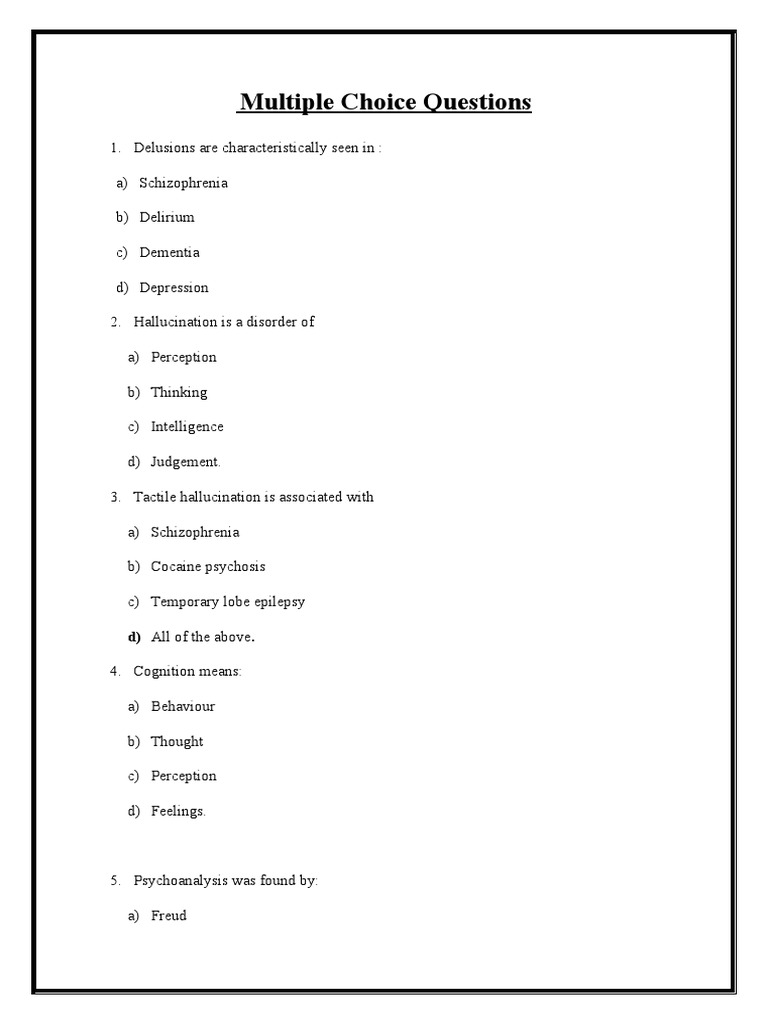 Multiple Choice Questions: D) All of The Above | PDF | Mental Disorder ...