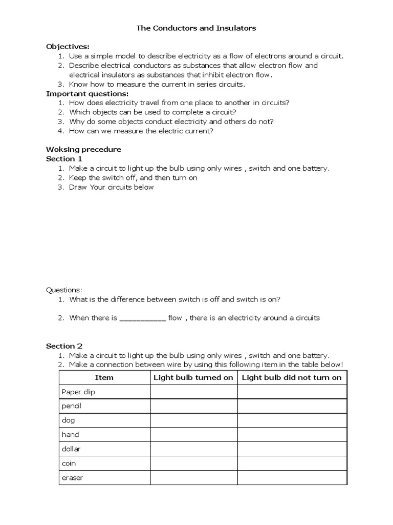 Conductors and Insulators Experiment Guide | PDF | Electric Current ...