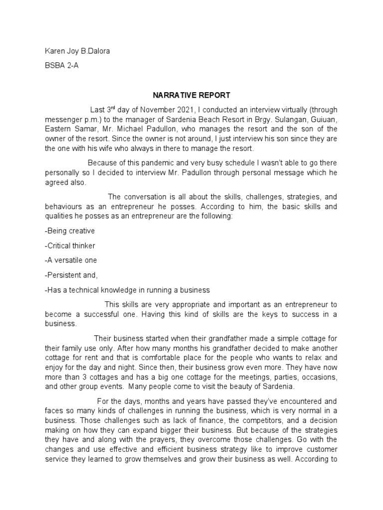 Narrative Report | PDF | Entrepreneurship | Strategic Management