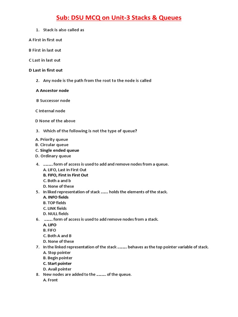 Sub Dsu Mcq On Unit 3 Stacks And Queues D Last In First Out Pdf Queue Abstract Data Type