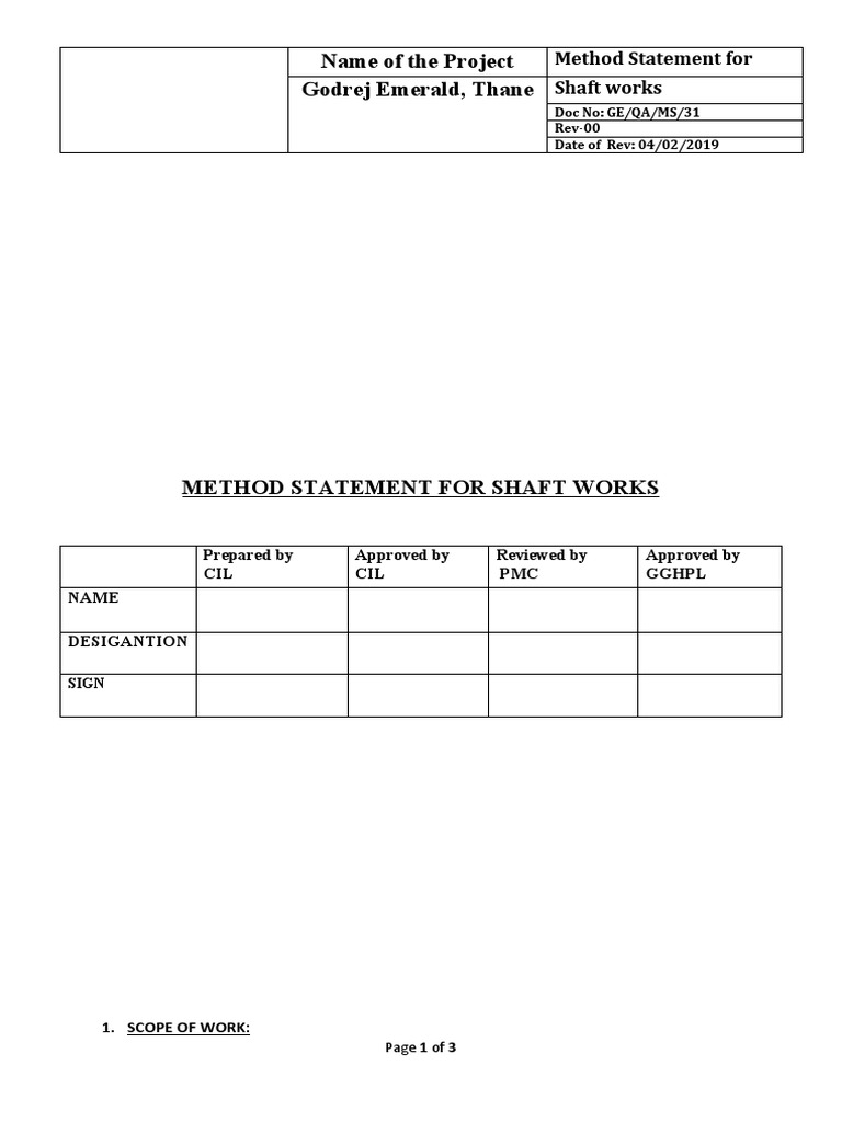 31) Method Statement For Shaft Works | PDF | Equipment | Manufactured Goods