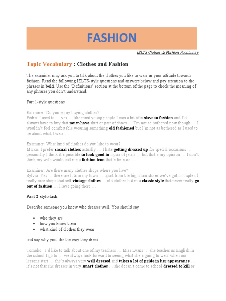 Fashion: Topic Vocabulary | PDF | Fashion | Clothing