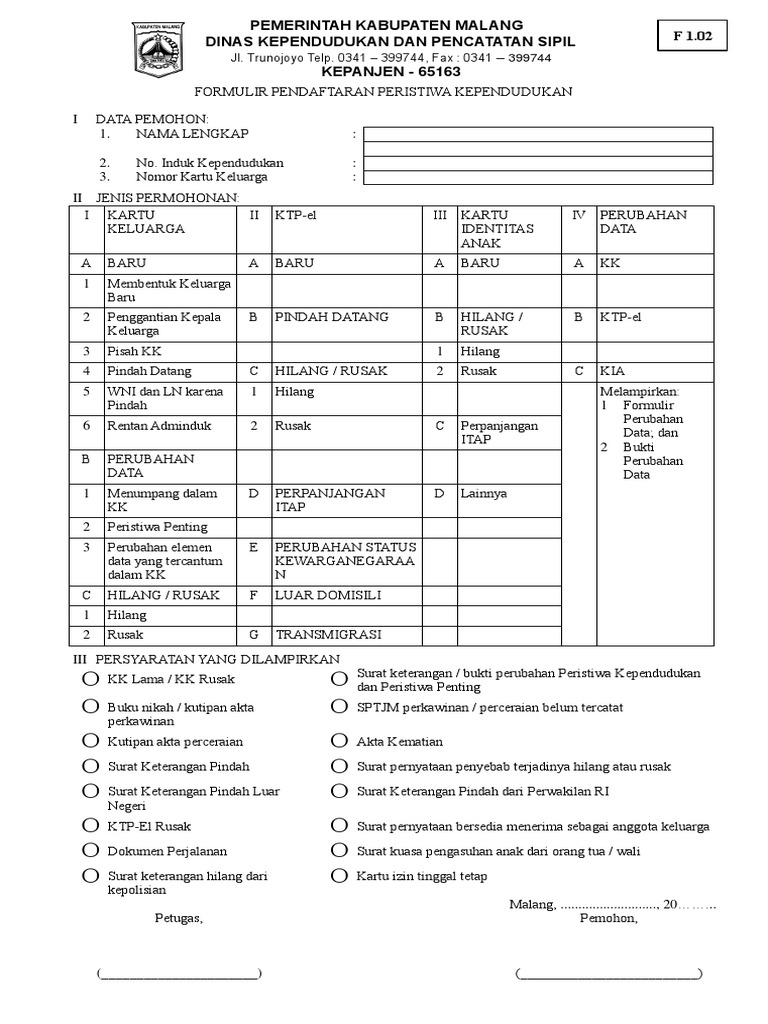 FORM F-1.02 Formulir Pendaftaran Peristiwa Kependudukan | PDF