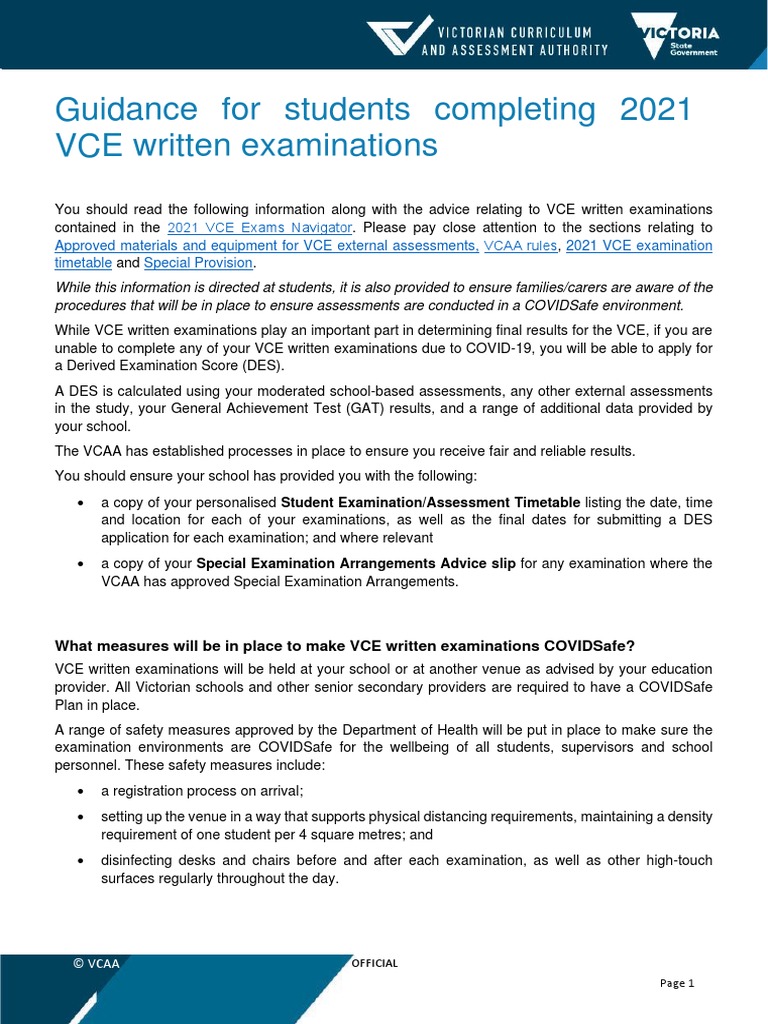 Guidance For Students Completing 2021 VCE Written Examinations | PDF ...