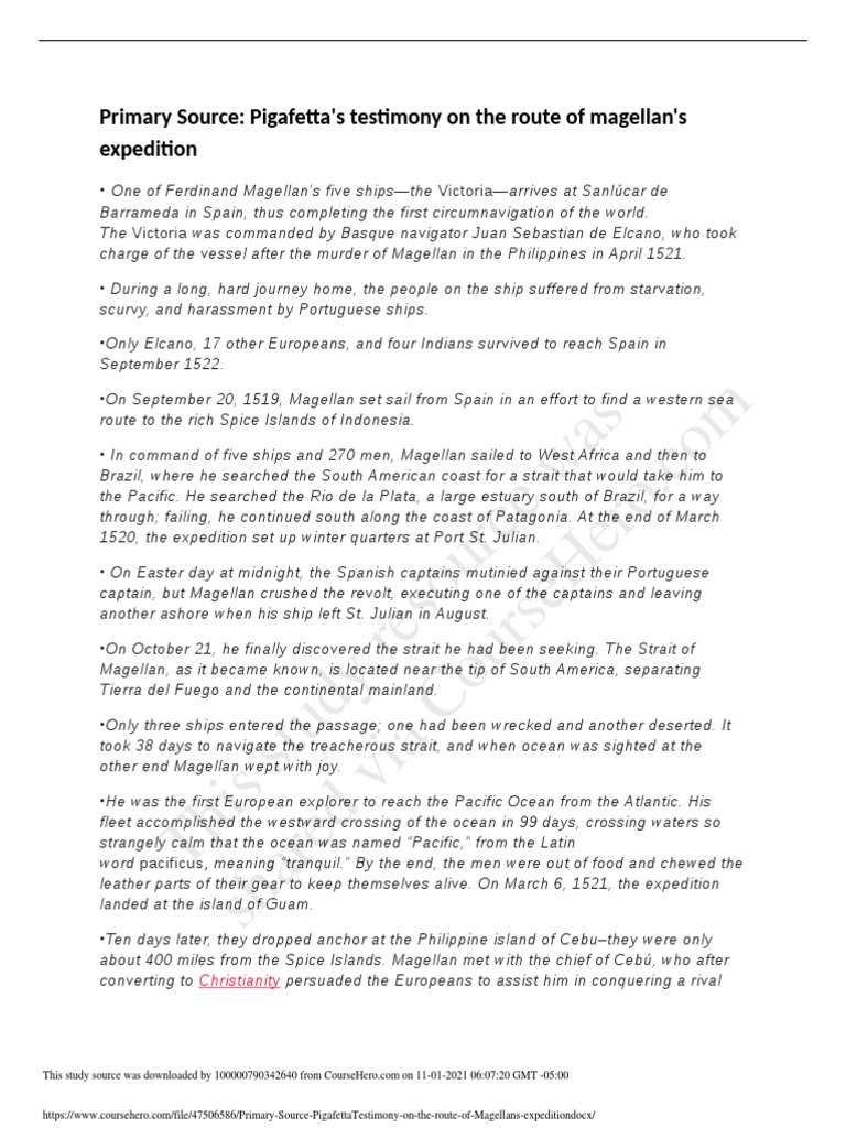 Primary Source PigafettaTestimony On The Route of Magellans Expedition ...