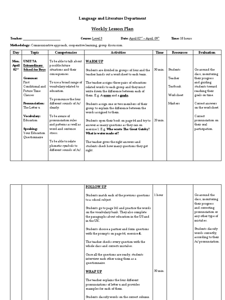 Level 3 Language & Literature Lesson Plan | PDF | Reading Comprehension ...
