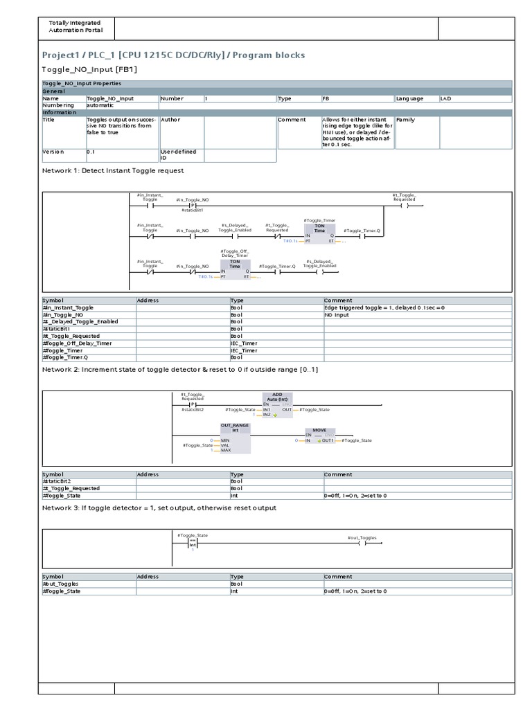 Project1 / PLC - 1 (CPU 1215C DC/DC/Rly) / Program Blocks: Toggle - NO - Input (FB1) | PDF ...