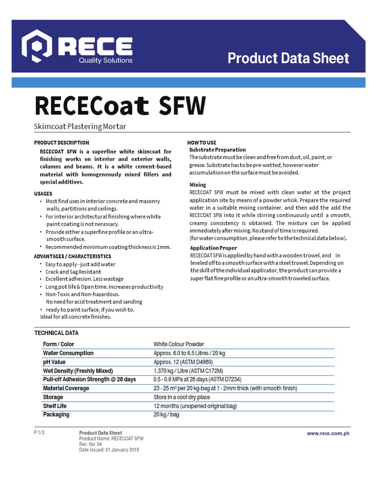 Pds Rececoat SFW | PDF | Materials | Building Engineering