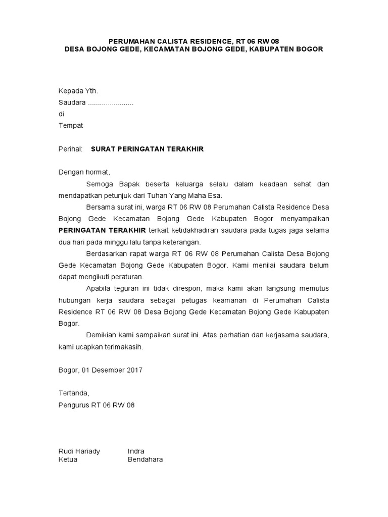 Surat Peringatan Untuk Security Calista | PDF