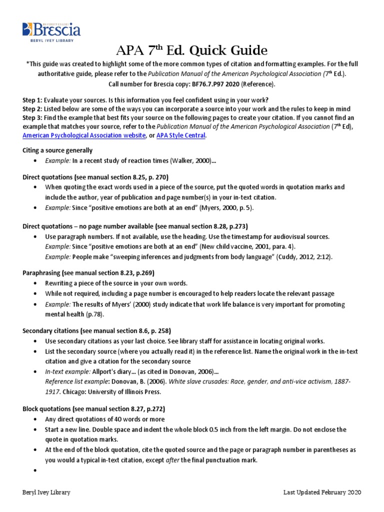 Apa 7 Ed. Quick Guide: American Psychological Association Website APA ...