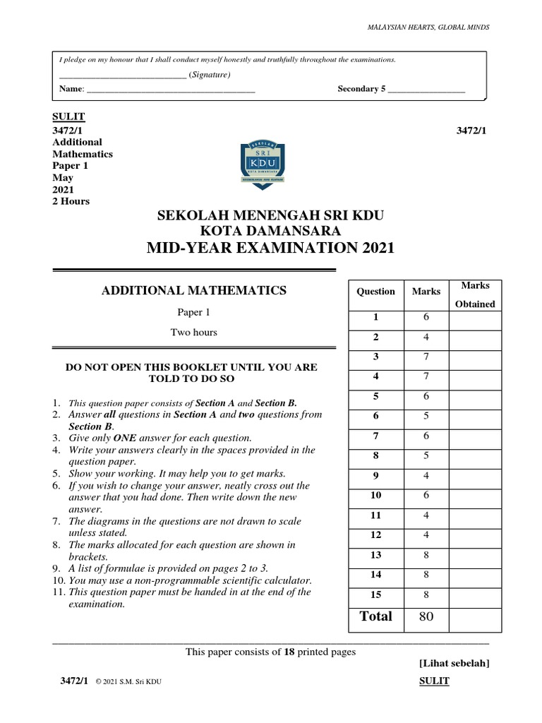 Mye 2021 - s5 Add Math p1 | PDF | Mathematics | Geometry