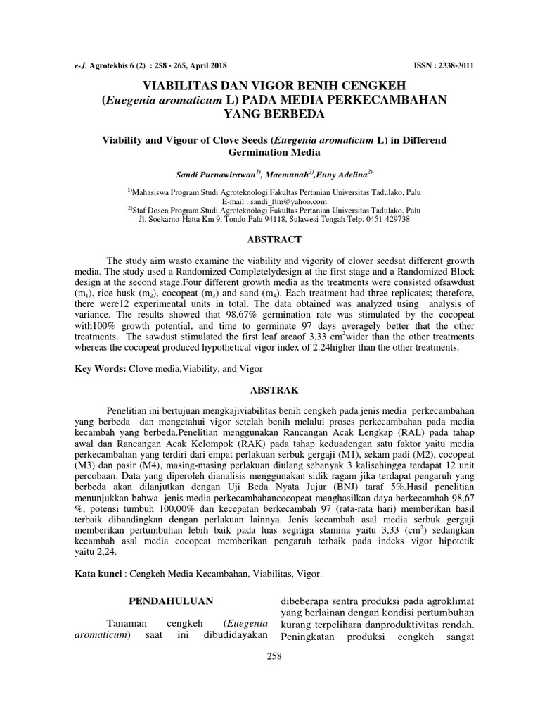 Viabilitas Dan Vigor Benih Cengkeh (Euegenia Aromaticum L) PADA MEDIA ...
