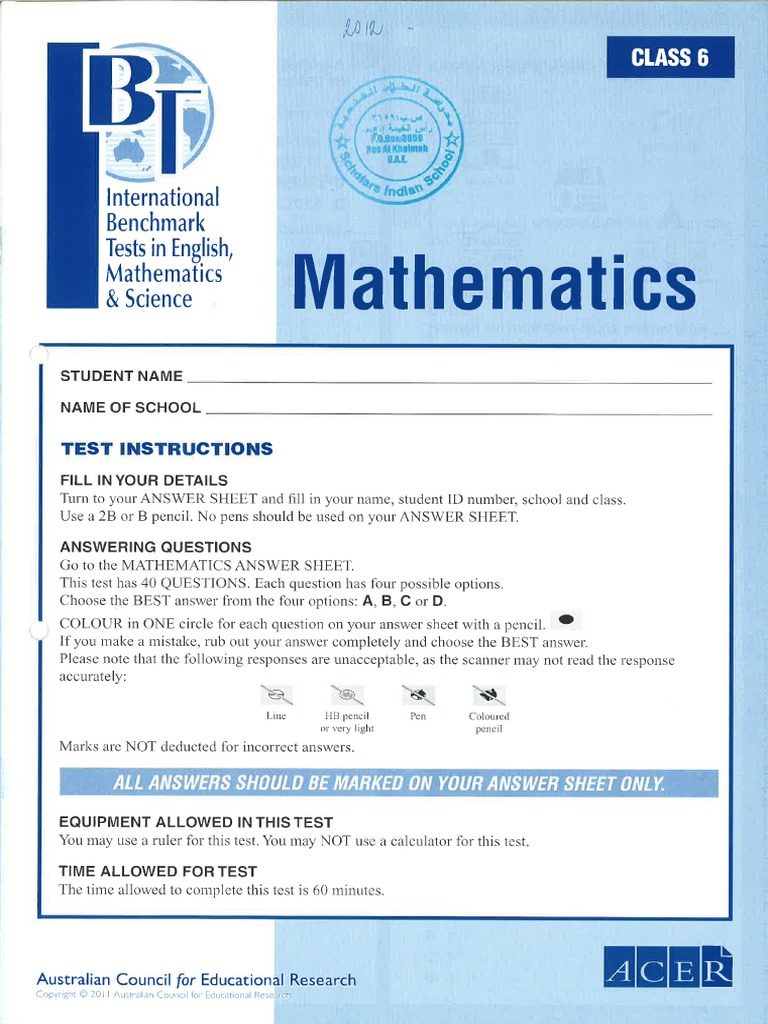 Acer Test 2012 Mathematics Grade 6 1 | PDF