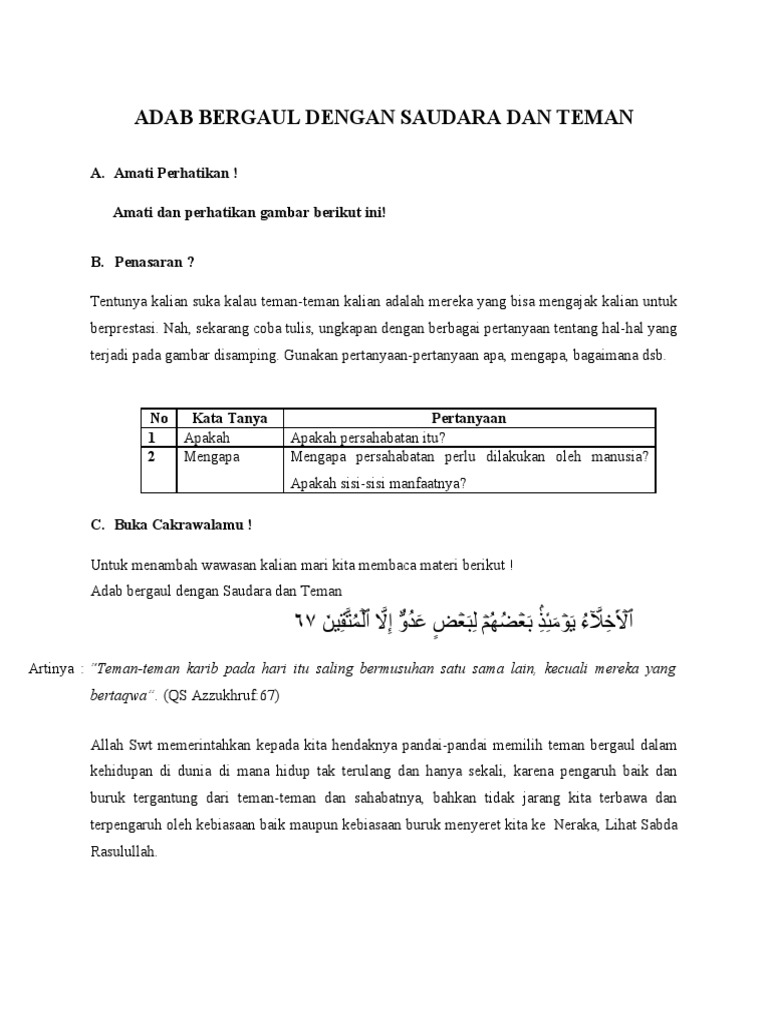 Adab Bergaul Dengan Saudara Dan Teman | PDF | Pengembangan Diri | Agama ...