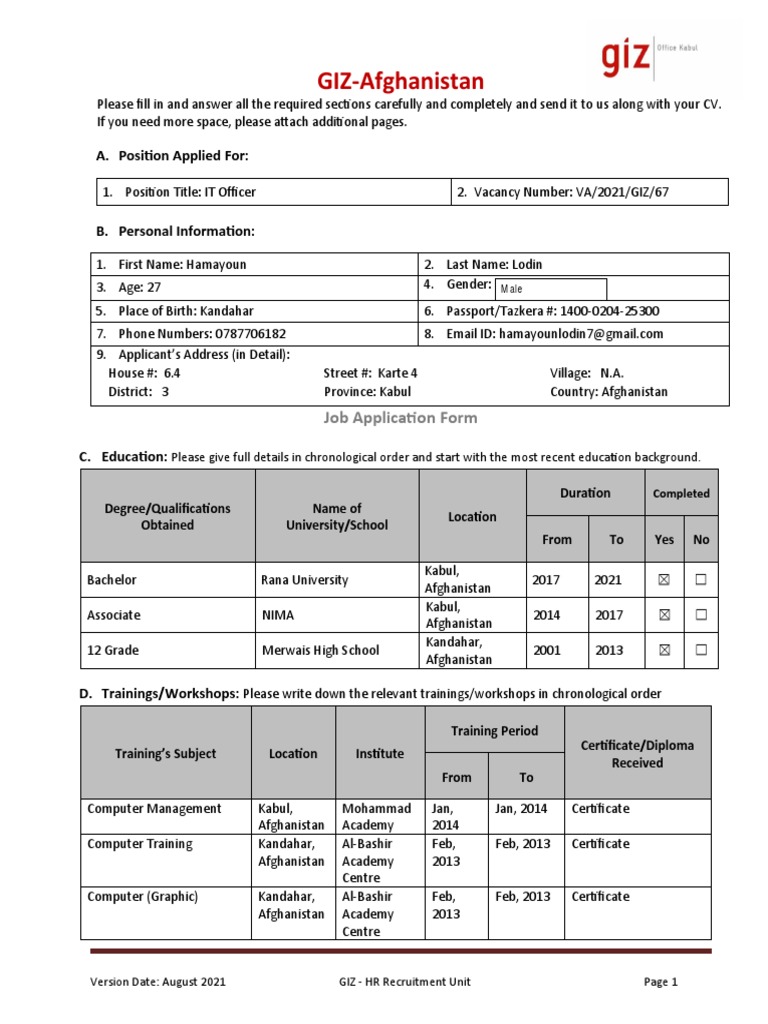 GIZ Afghanistan Job Application Form | PDF | Computing