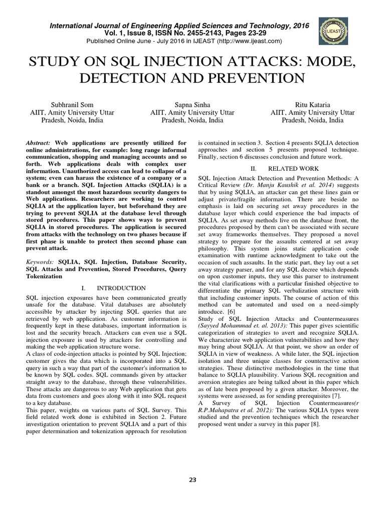 Study On SQL Injection Attacks: Mode, Detection and Prevention | PDF ...