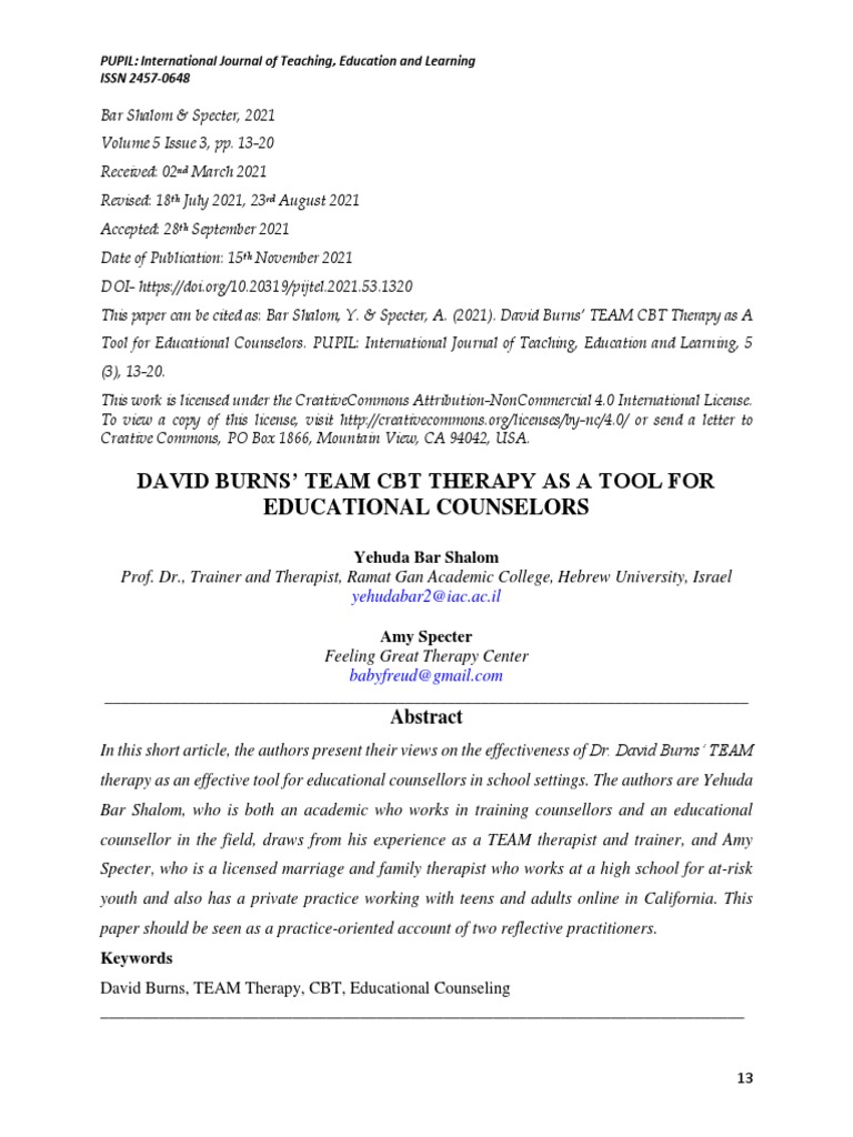 David Burns' Team CBT Therapy As A Tool For Educational Counselors ...