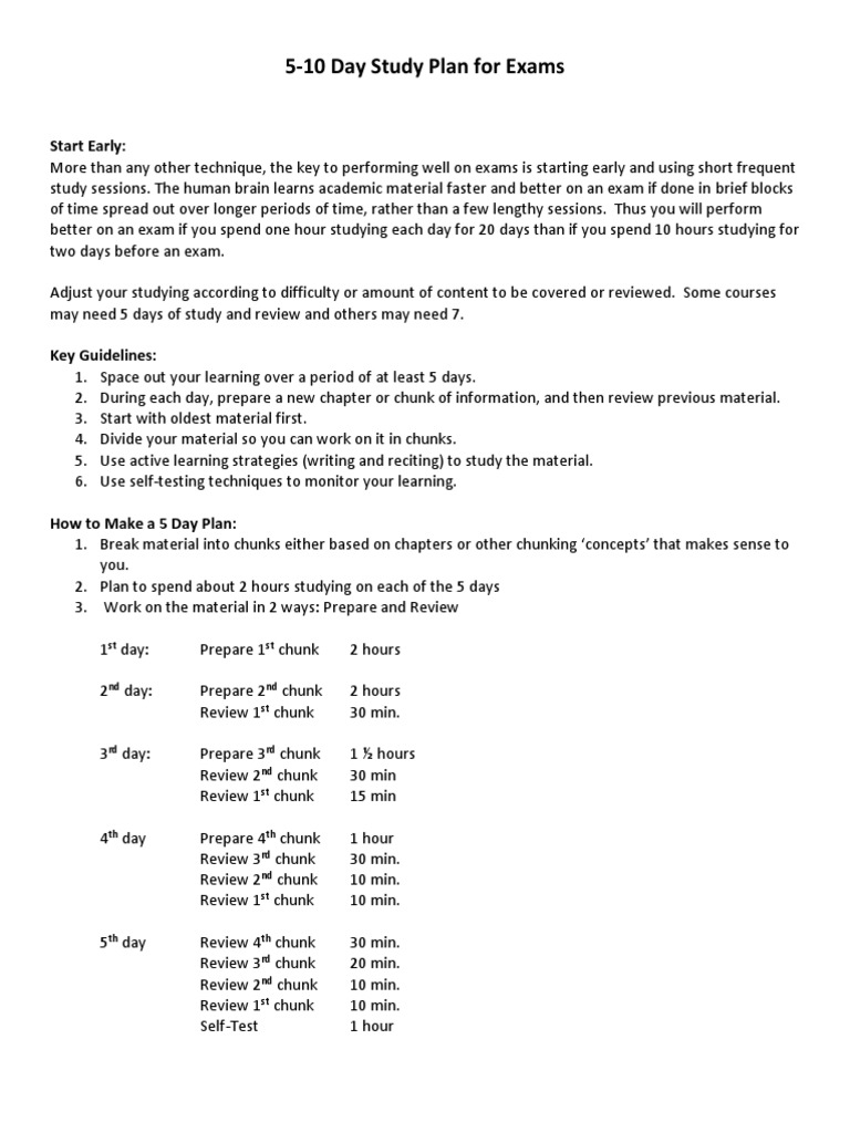 5-10 Day Study Plan For Exams: Start Early | PDF | Test (Assessment ...