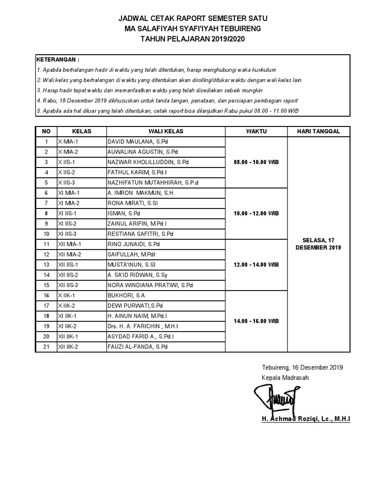 Jadwal Cetak Raport PAS Ganjil 2019 | PDF