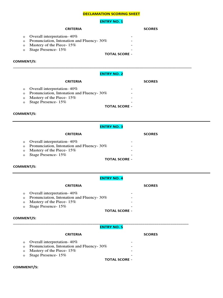 Declamation Scoring Criteria Sheet | PDF | Linguistics | Cognition