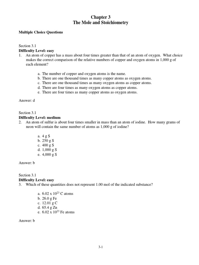 The Mole and Stoichiometry: Multiple Choice Questions | PDF | Mole ...