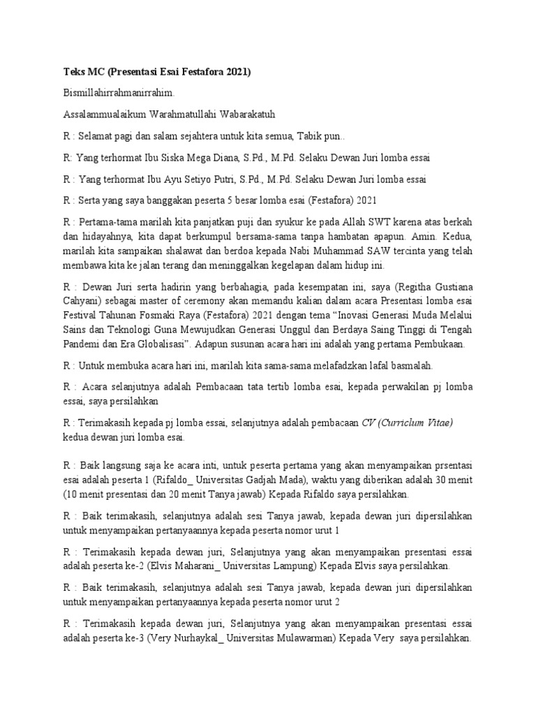 Teks MC Presentasi ESAI | PDF