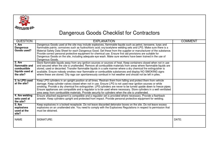 Dangerous Goods Checklist For Contractors: Explanation Comment | PDF ...