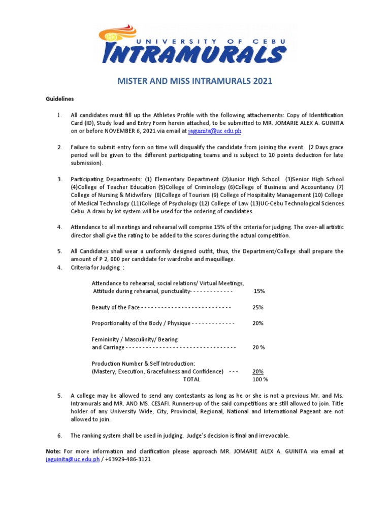 Guidelines and Criteria For Mister and Miss Intramurals 2021 | PDF