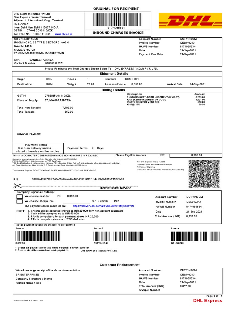 Original For Recipient: WWW - Dhl.co - in | PDF | Cheque | Payments