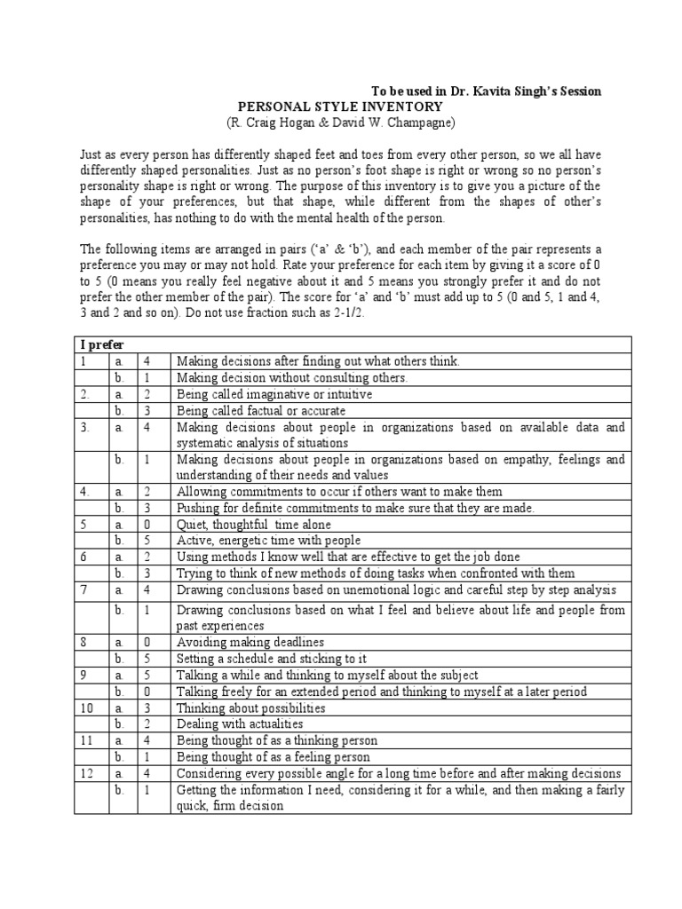 Personal Style Inventory | PDF | Feeling | Decision Making