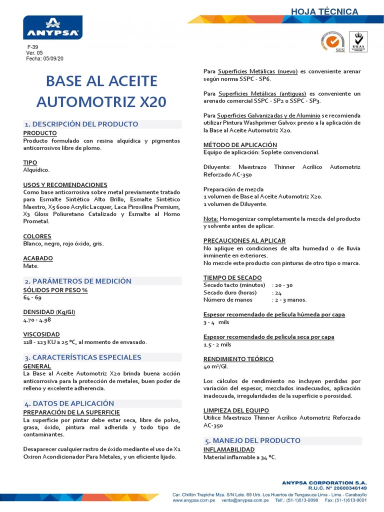Base al Aceite Automotriz X20: Hoja Técnica | PDF | Pintar | Sustancias ...