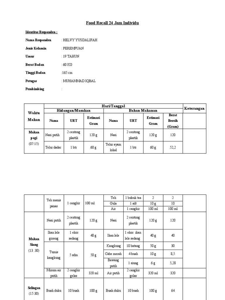 Form Food Recall 24 Jam - Rahmanalwi | PDF