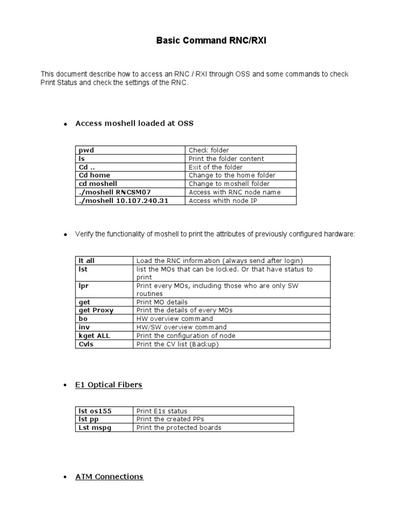 Basic Command RNC/RXI: PWD Ls CD .. CD Home CD Moshell ./moshell RNCSM07 ./moshell 10.107.240.31 ...