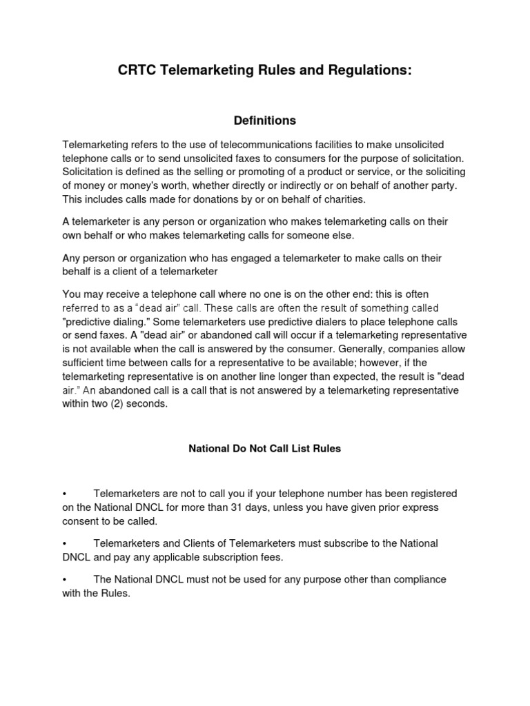 CRTC Telemarketing Rules and Regulations | PDF | Workweek And Weekend ...