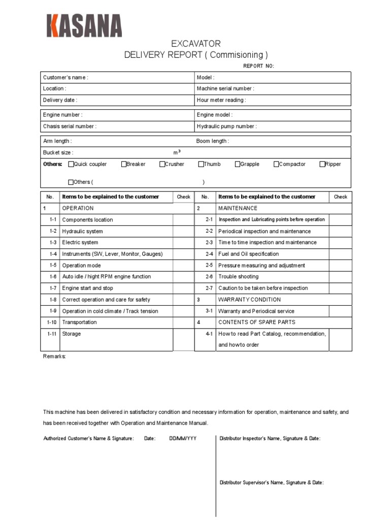 Delivery Report Form Excavator | Download Free PDF | Mechanical ...