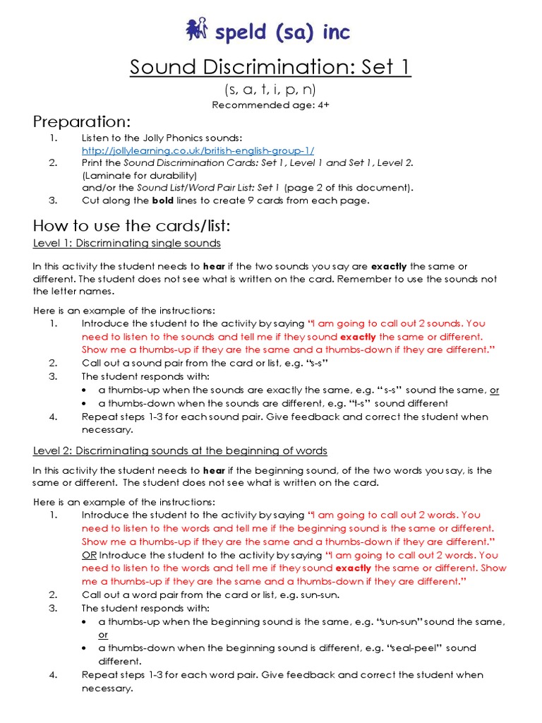 Sound Discrimination: Set 1: Preparation | PDF | Cognition | Communication