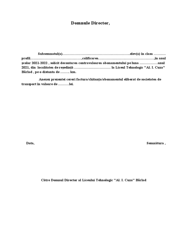 Cerere Decontare Naveta 2021 | PDF