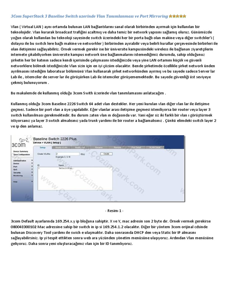 3com SuperStack 3 Baseline Switch Uzerinde Vlan Tanımlanması Ve Port Mirroring | PDF