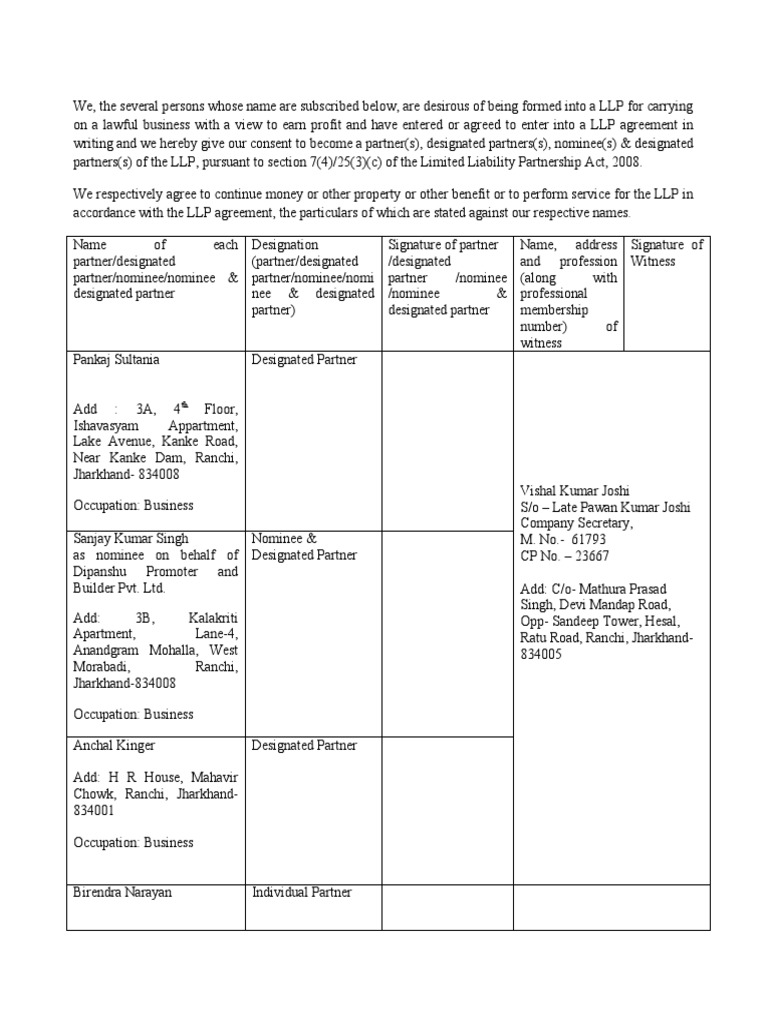 LLP Subscriber Consent Sheet | PDF | Limited Liability Partnership | Law
