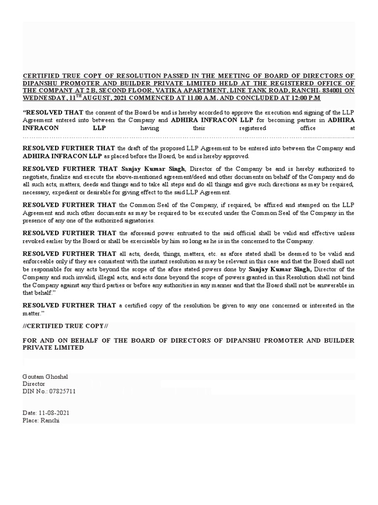 Certified True Copy of The Resolution Passed at The Meeting of The ...